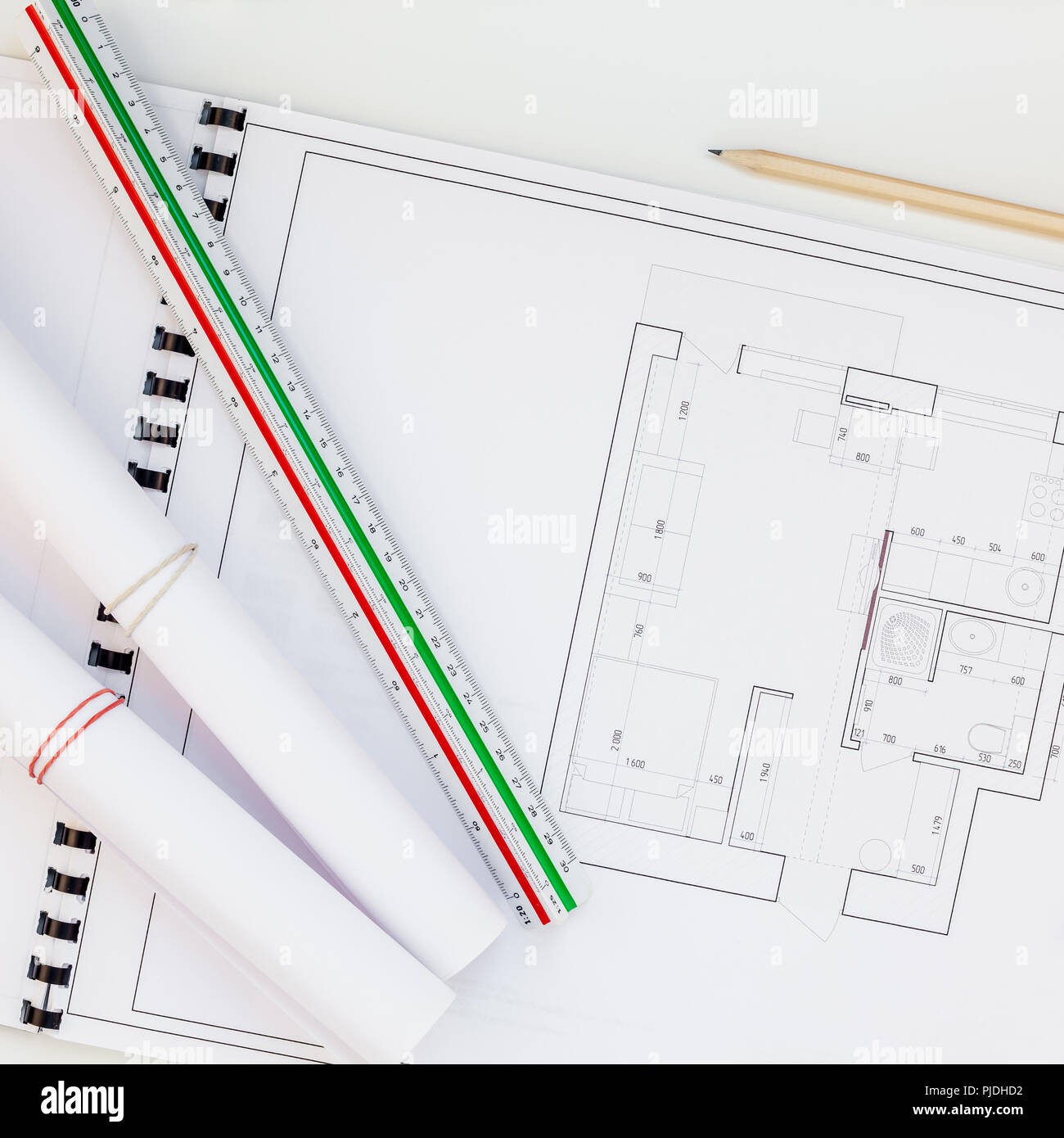 Creative flat lay overhead top view blueprints architectural flat ...