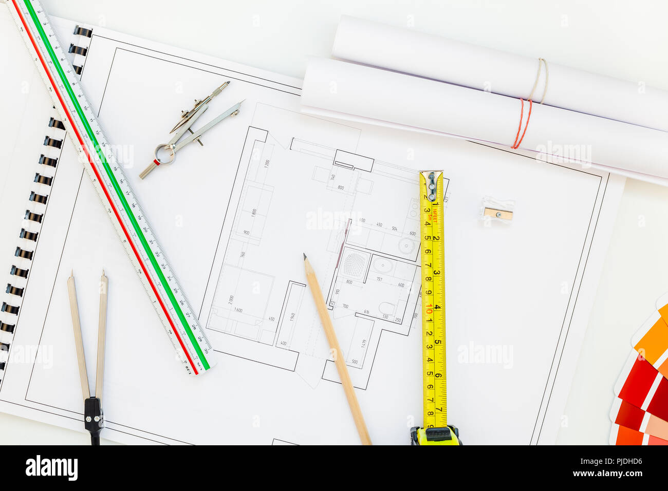 Creative flat lay overhead top view blueprints architectural flat ...