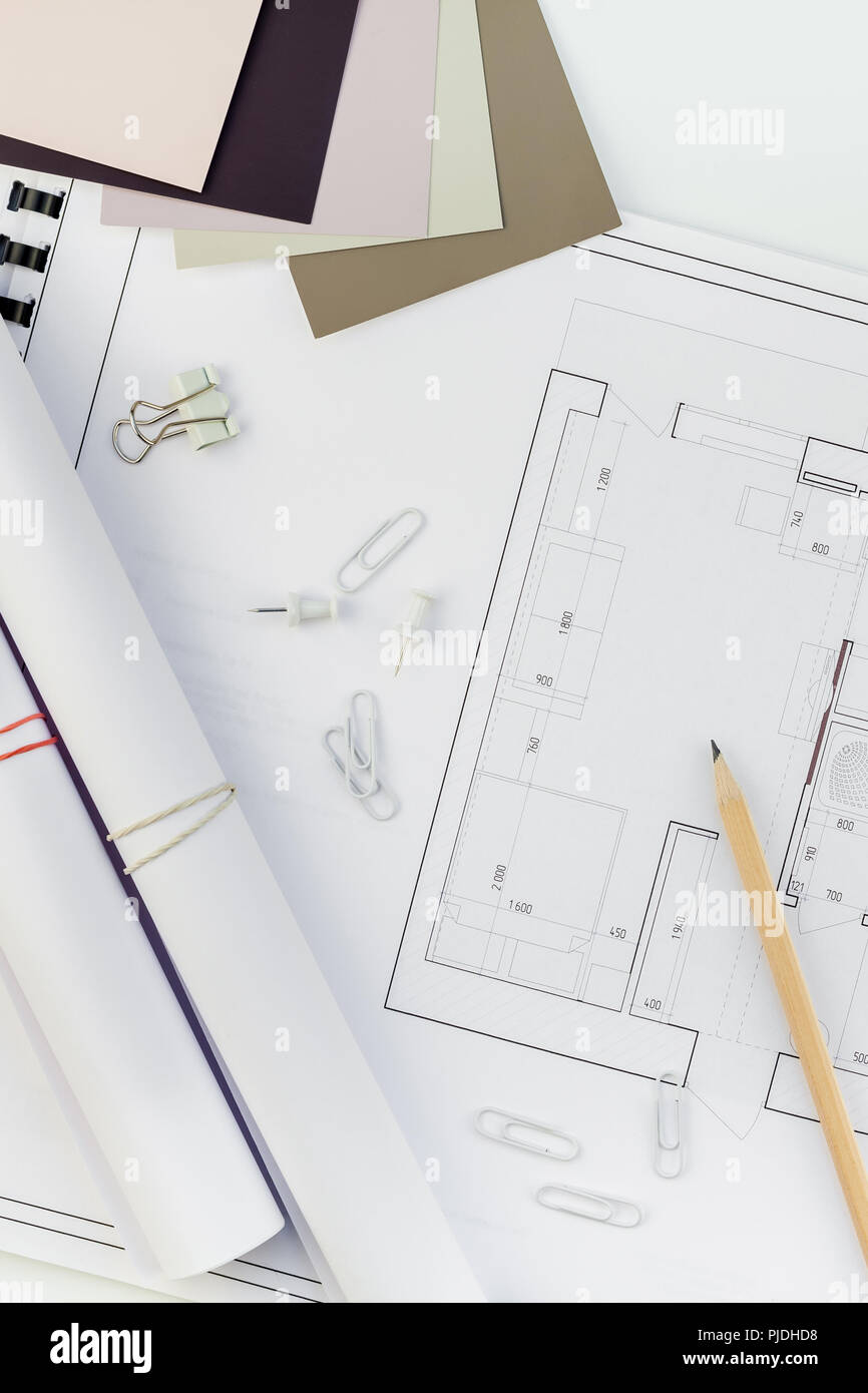 Creative flat lay overhead top view blueprints architectural flat ...