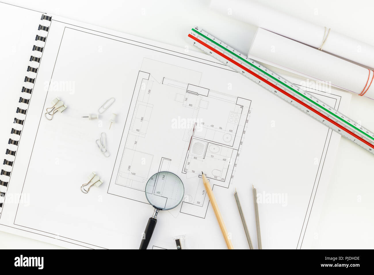 Creative flat lay overhead top view blueprints architectural flat ...