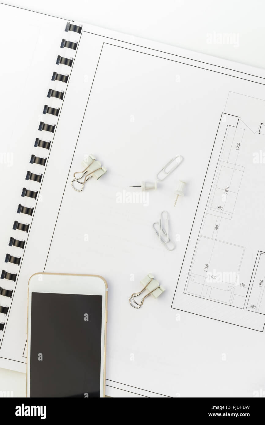 Creative flat lay overhead top view blueprints architectural flat ...