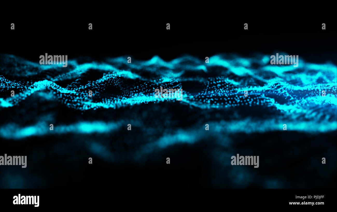 Digital blue color sparkling wave particles flow abstract background ...