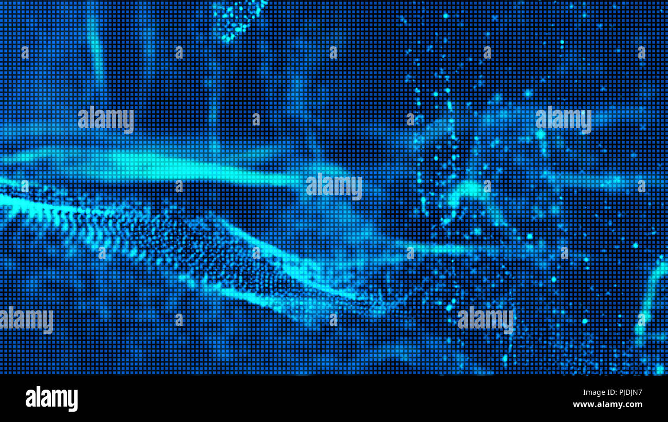 Digital blue color sparkling wave particles flow abstract background ...