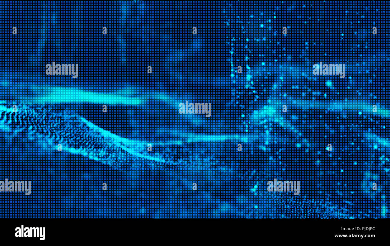 Digital blue color sparkling wave particles flow abstract background ...