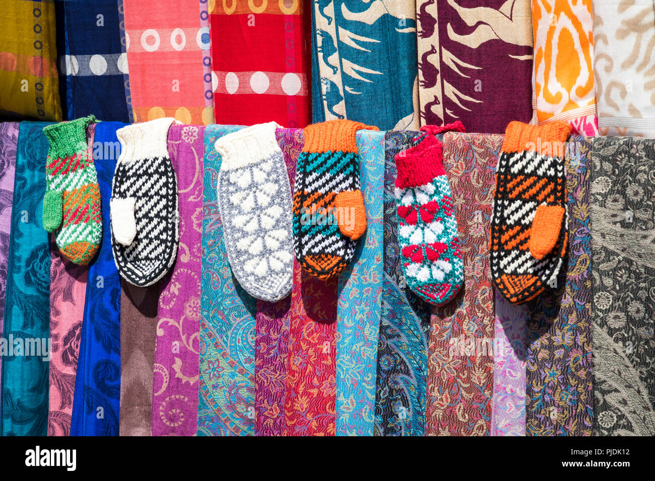 Market stalls with decorative tribal textile with colourful pattern ...