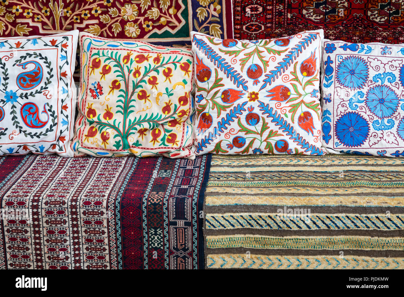 Market stalls with decorative tribal textile with colourful pattern ...