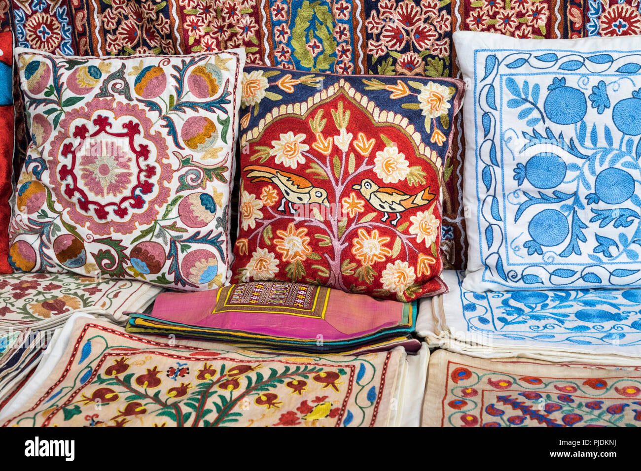 Market stalls with decorative tribal textile with colourful pattern ...