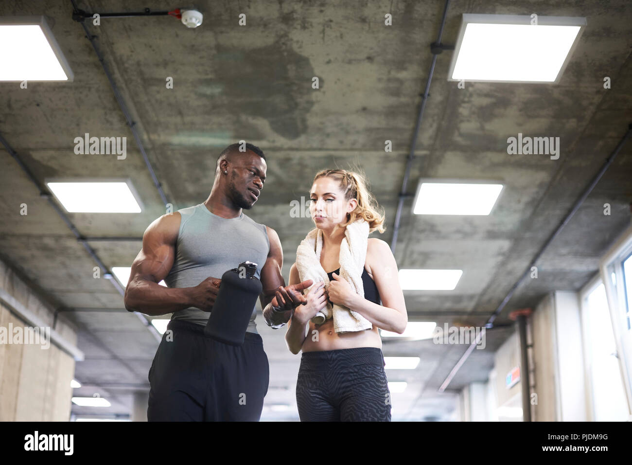 Trainer and female client talking in gym Stock Photo - Alamy