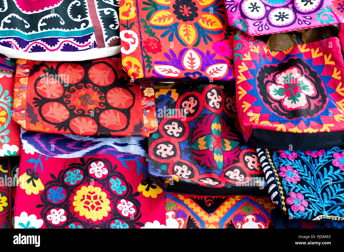 Market stalls with decorative tribal textile with colourful pattern ...