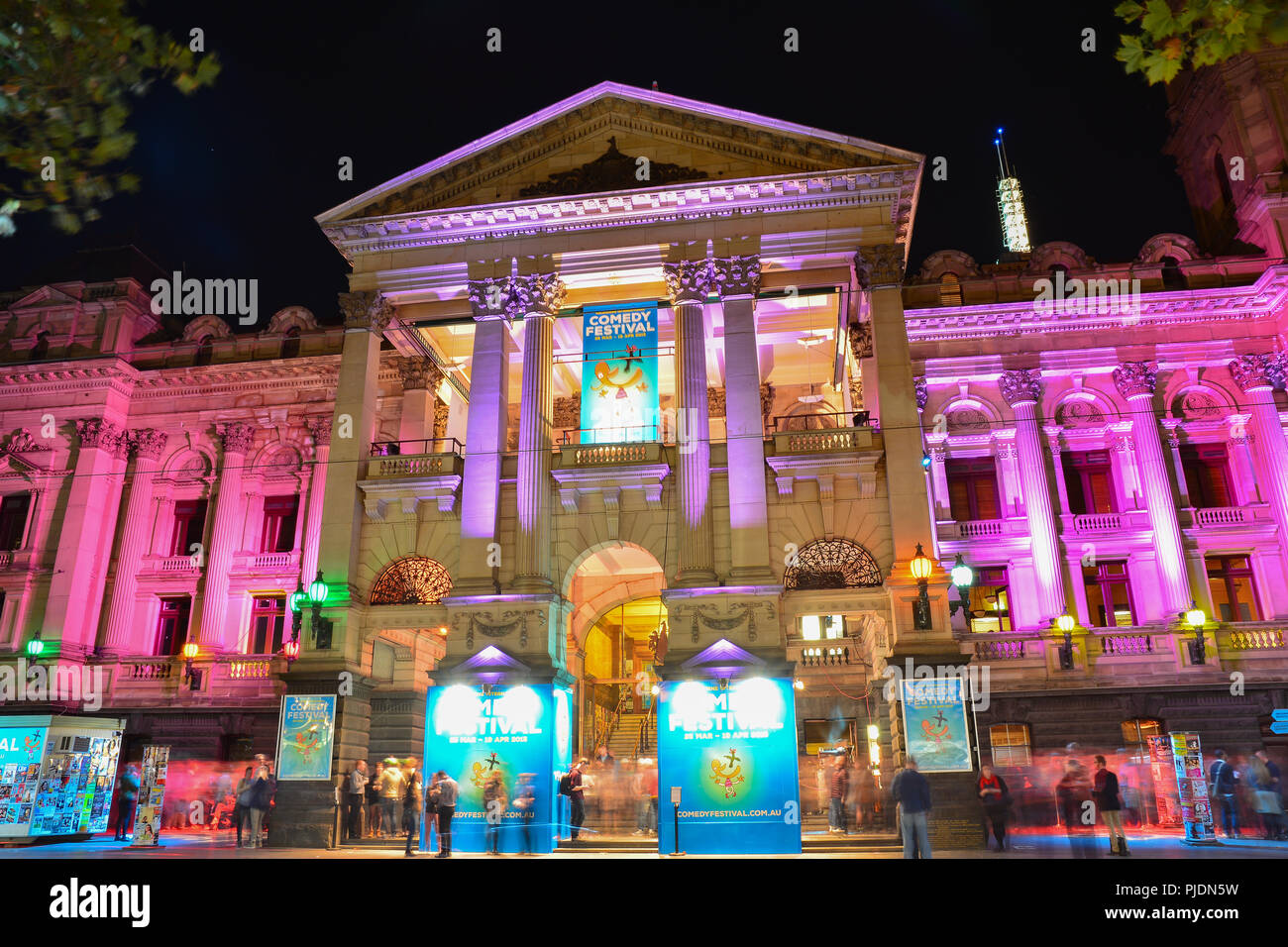 Night view of Melbourne Town Hall with light during Comedy Festival ...
