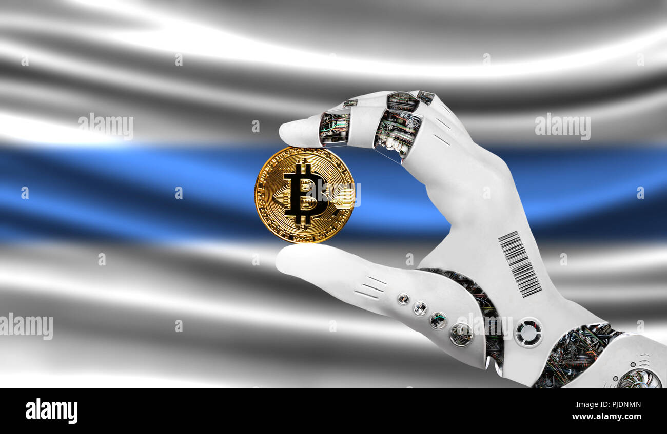 crypto currency bitcoin in the robot's hand, the concept of artificial intelligence, background ...