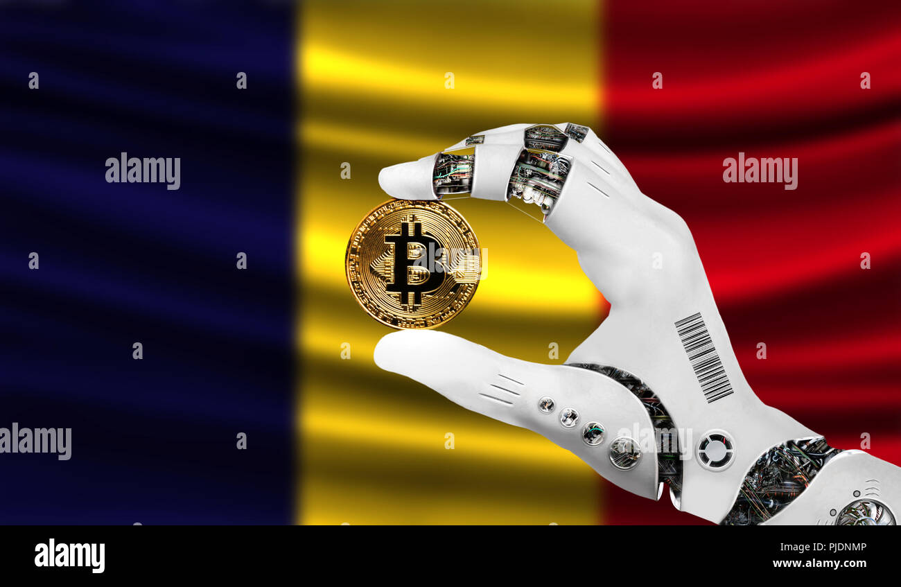 crypto currency bitcoin in the robot's hand, the concept of artificial ...