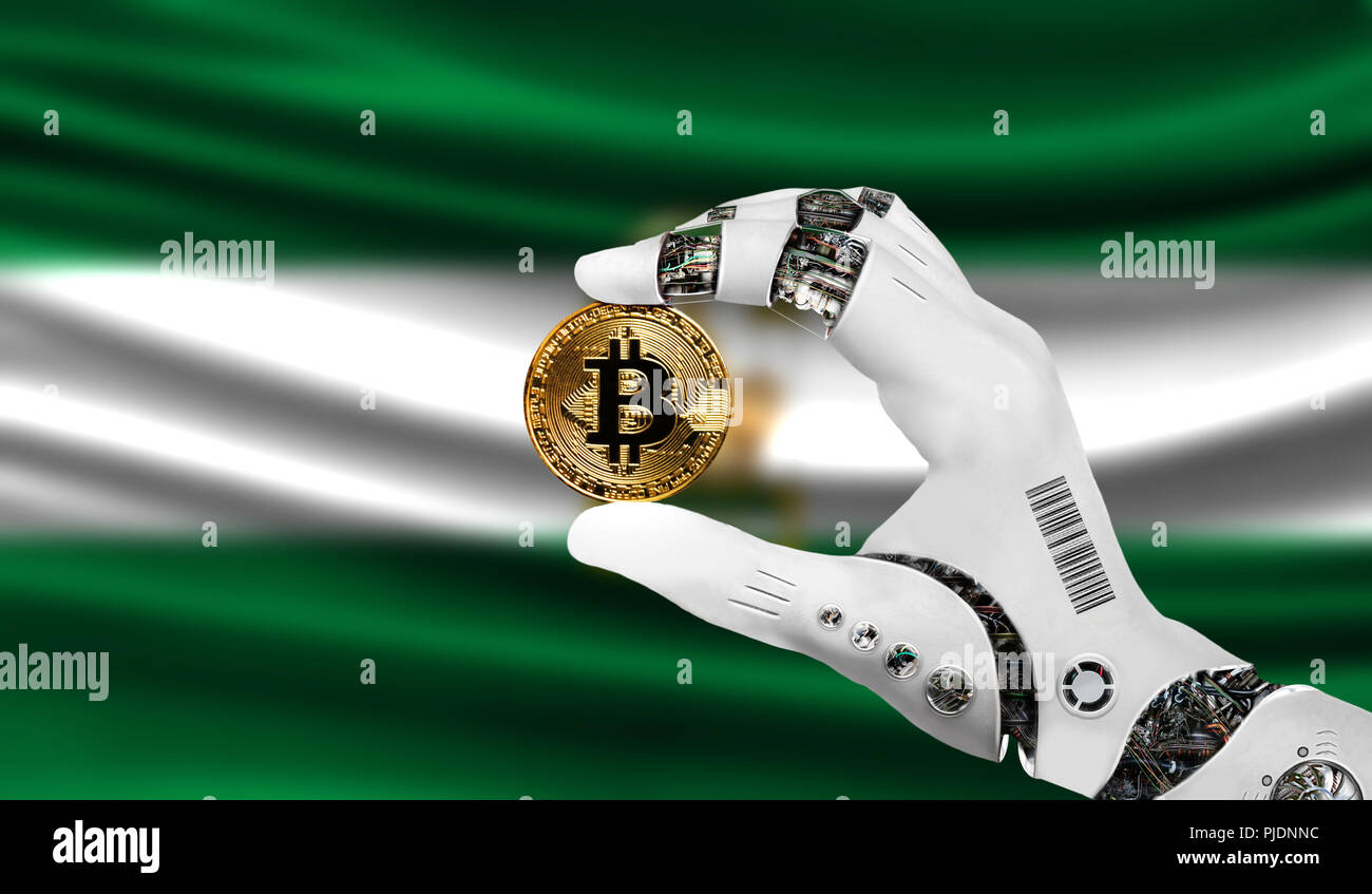 crypto currency bitcoin in the robot's hand, the concept of artificial ...