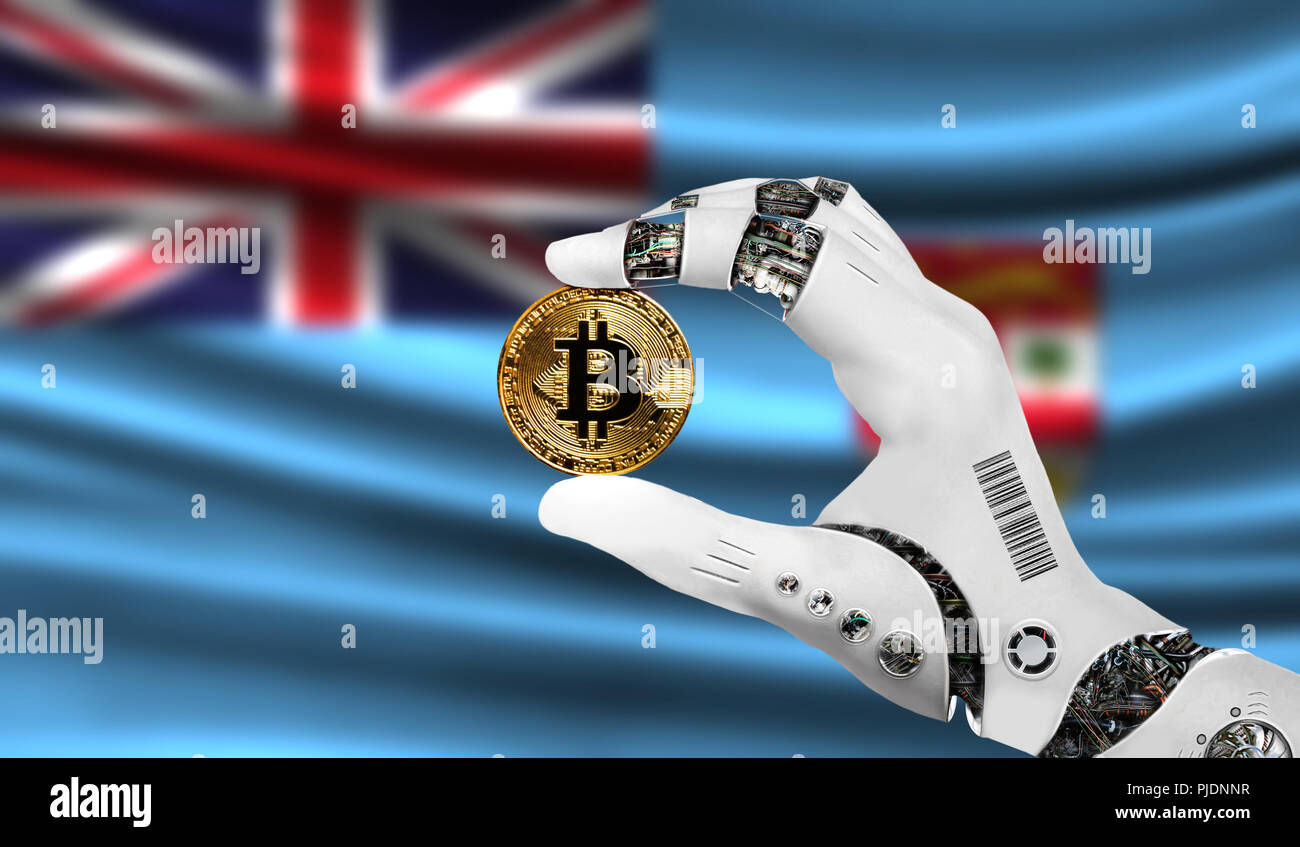 crypto currency bitcoin in the robot's hand, the concept of artificial intelligence, background ...