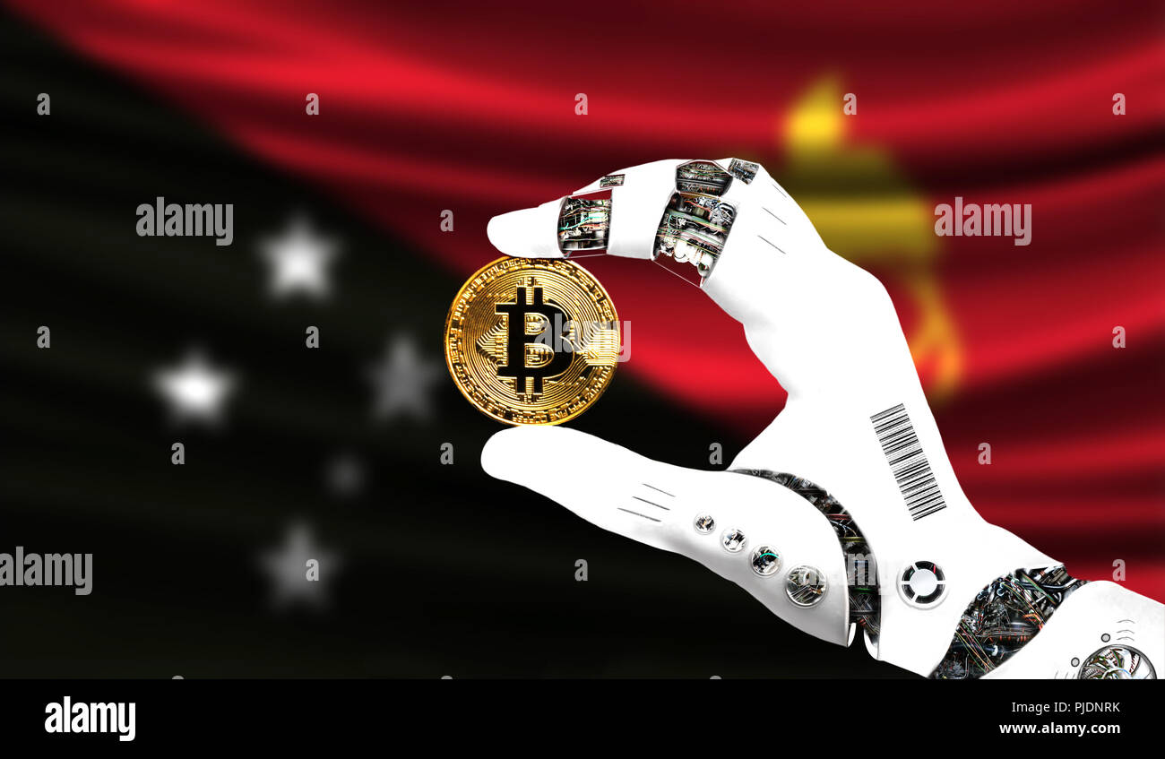 crypto currency bitcoin in the robot's hand, the concept of artificial intelligence, background ...