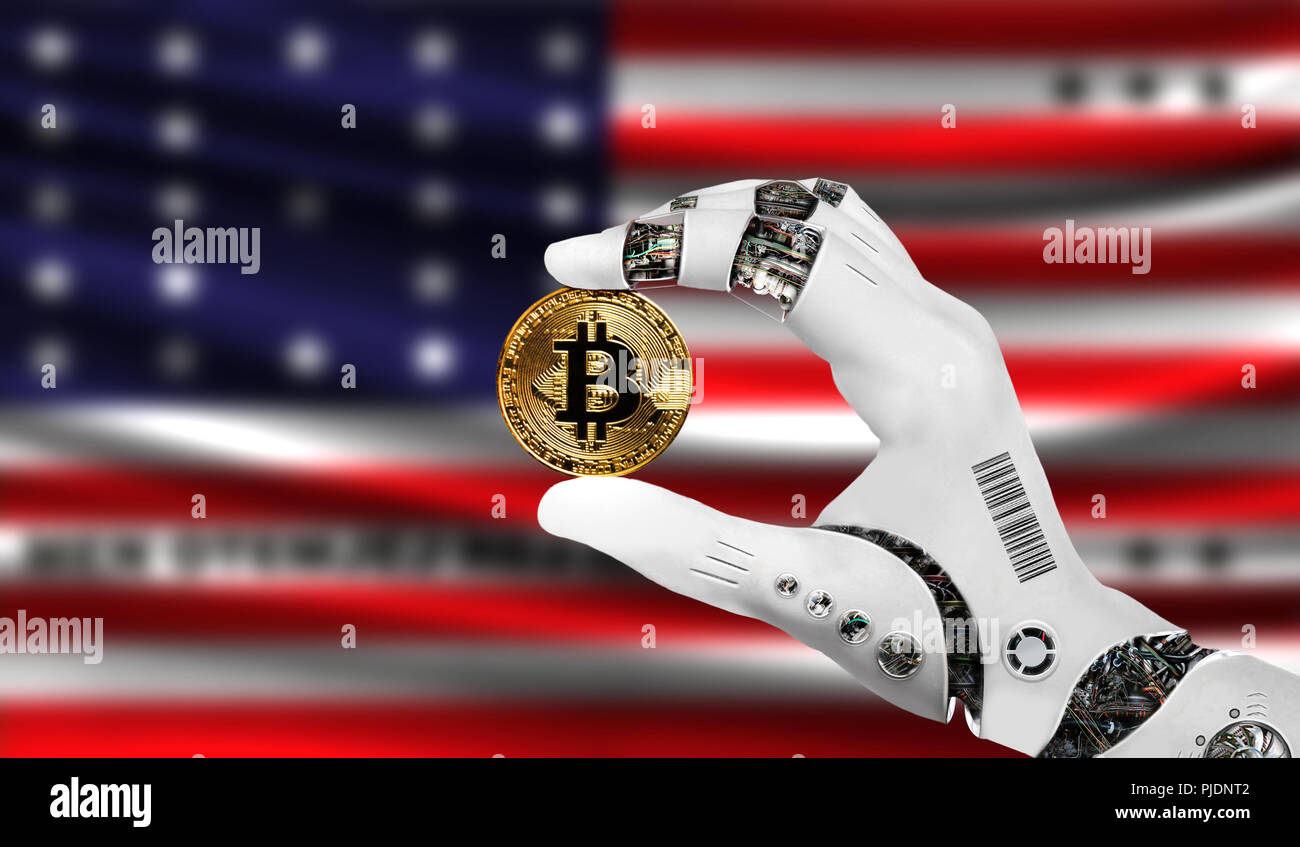 crypto currency bitcoin in the robot's hand, the concept of artificial intelligence, background ...