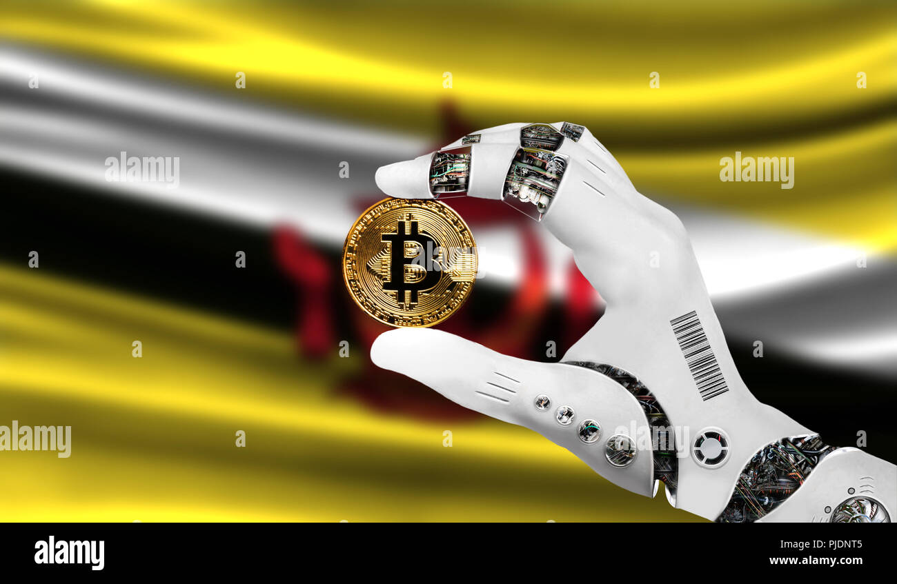 crypto currency bitcoin in the robot's hand, the concept of artificial intelligence, background ...