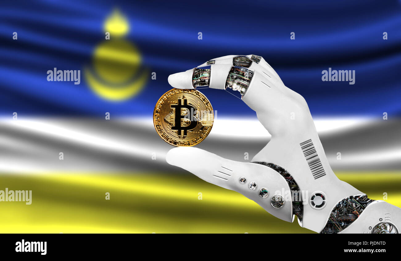 crypto currency bitcoin in the robot's hand, the concept of artificial intelligence, background ...