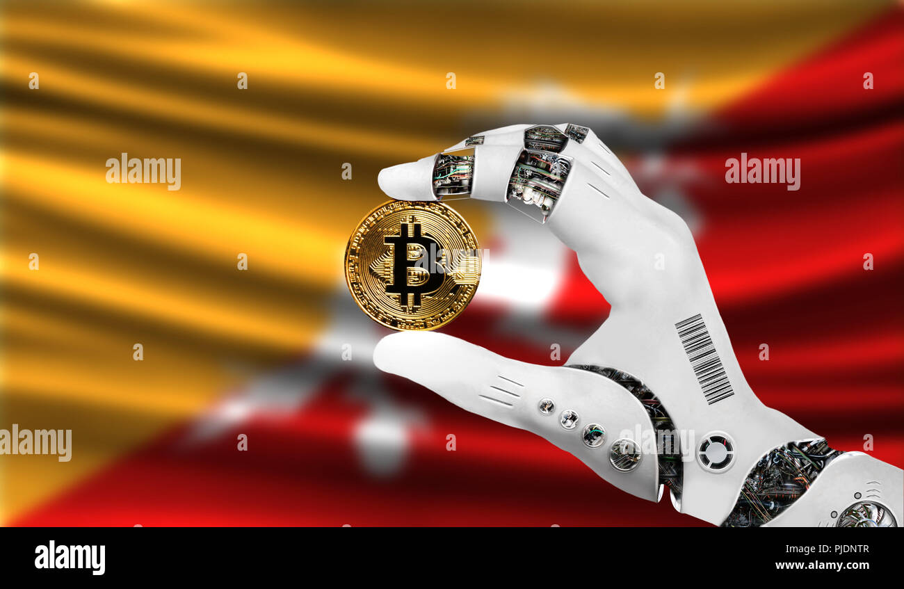 crypto currency bitcoin in the robot's hand, the concept of artificial intelligence, background ...