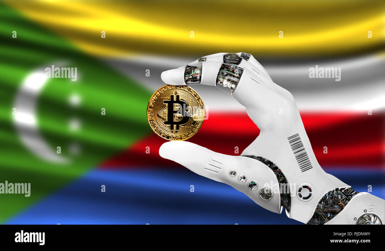 crypto currency bitcoin in the robot's hand, the concept of artificial intelligence, background ...