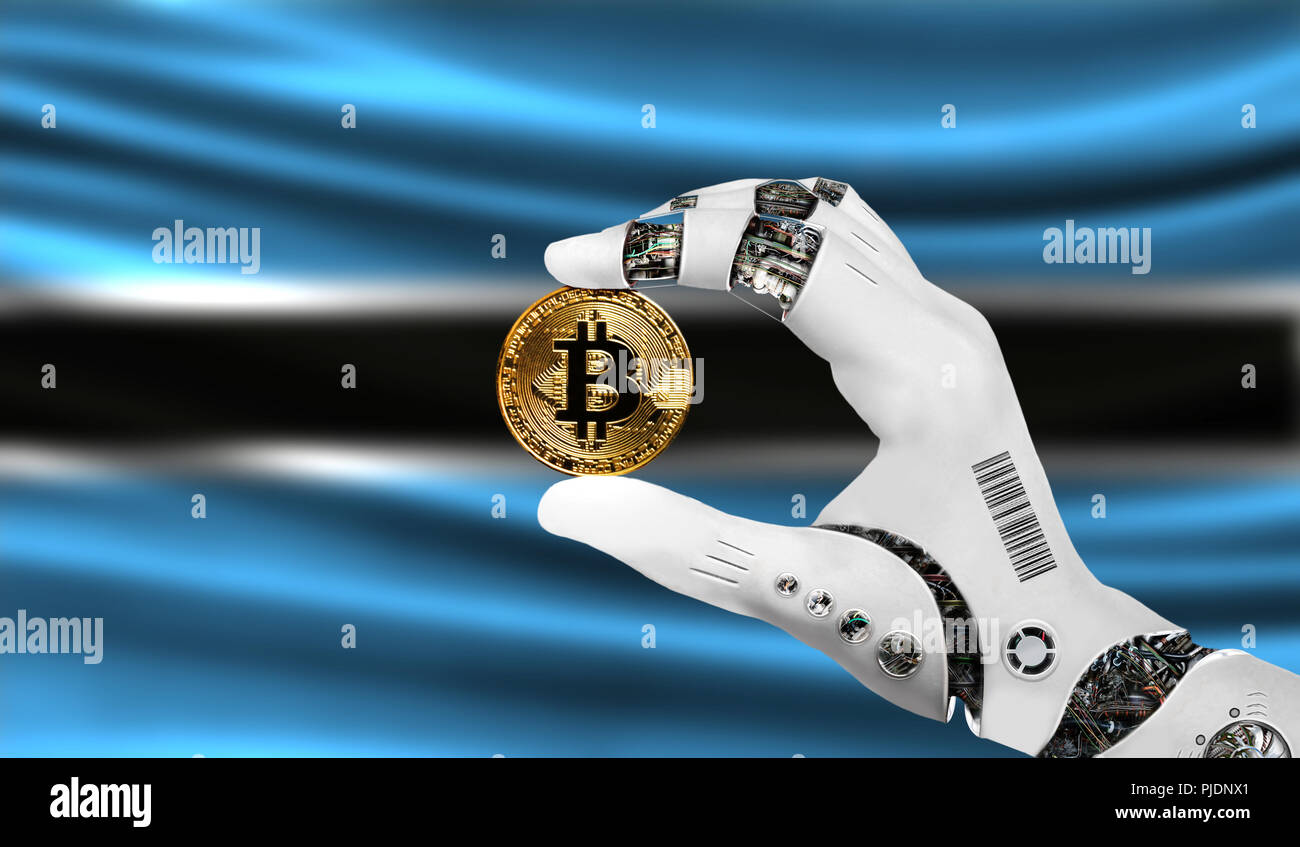 crypto currency bitcoin in the robot's hand, the concept of artificial intelligence, background ...