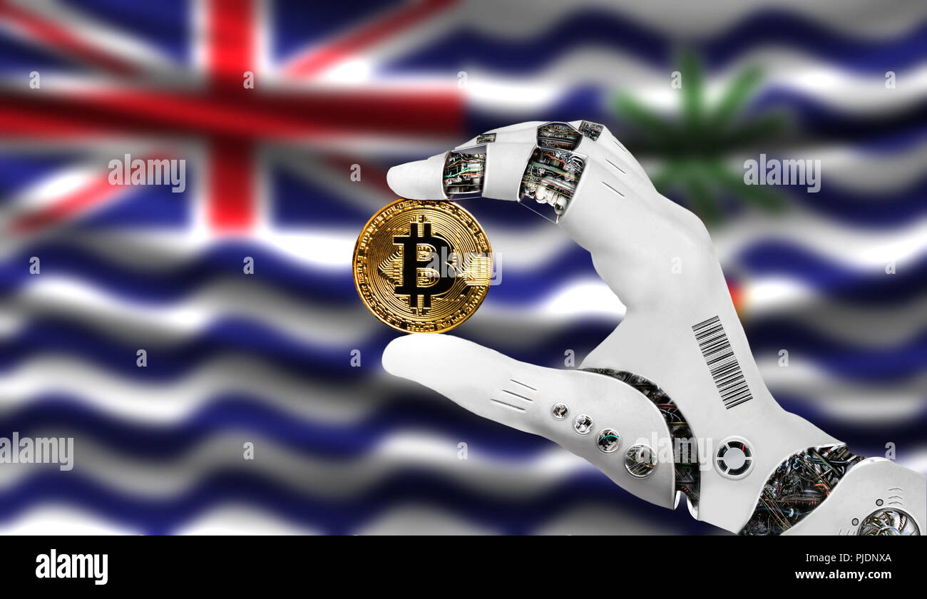 crypto currency bitcoin in the robot's hand, the concept of artificial intelligence, background ...