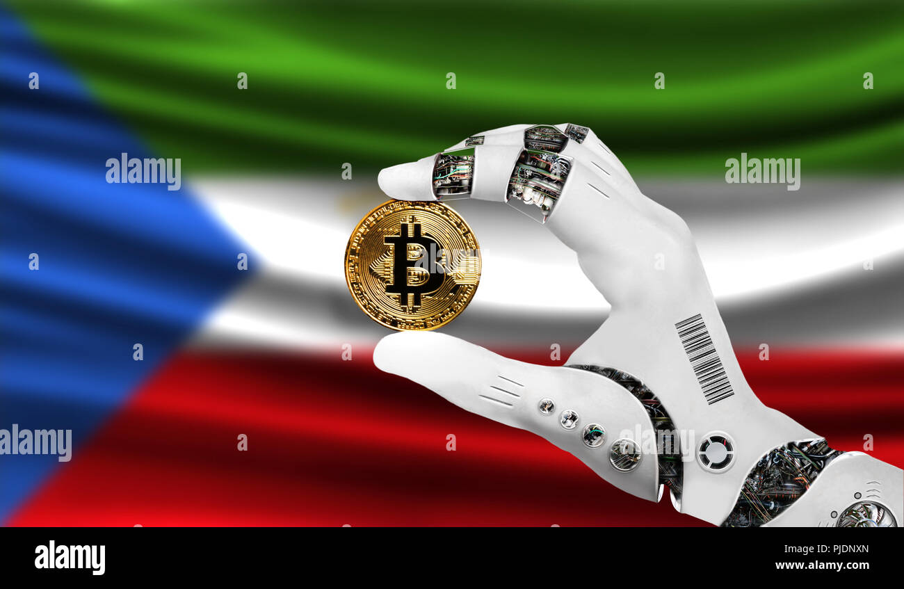 crypto currency bitcoin in the robot's hand, the concept of artificial ...