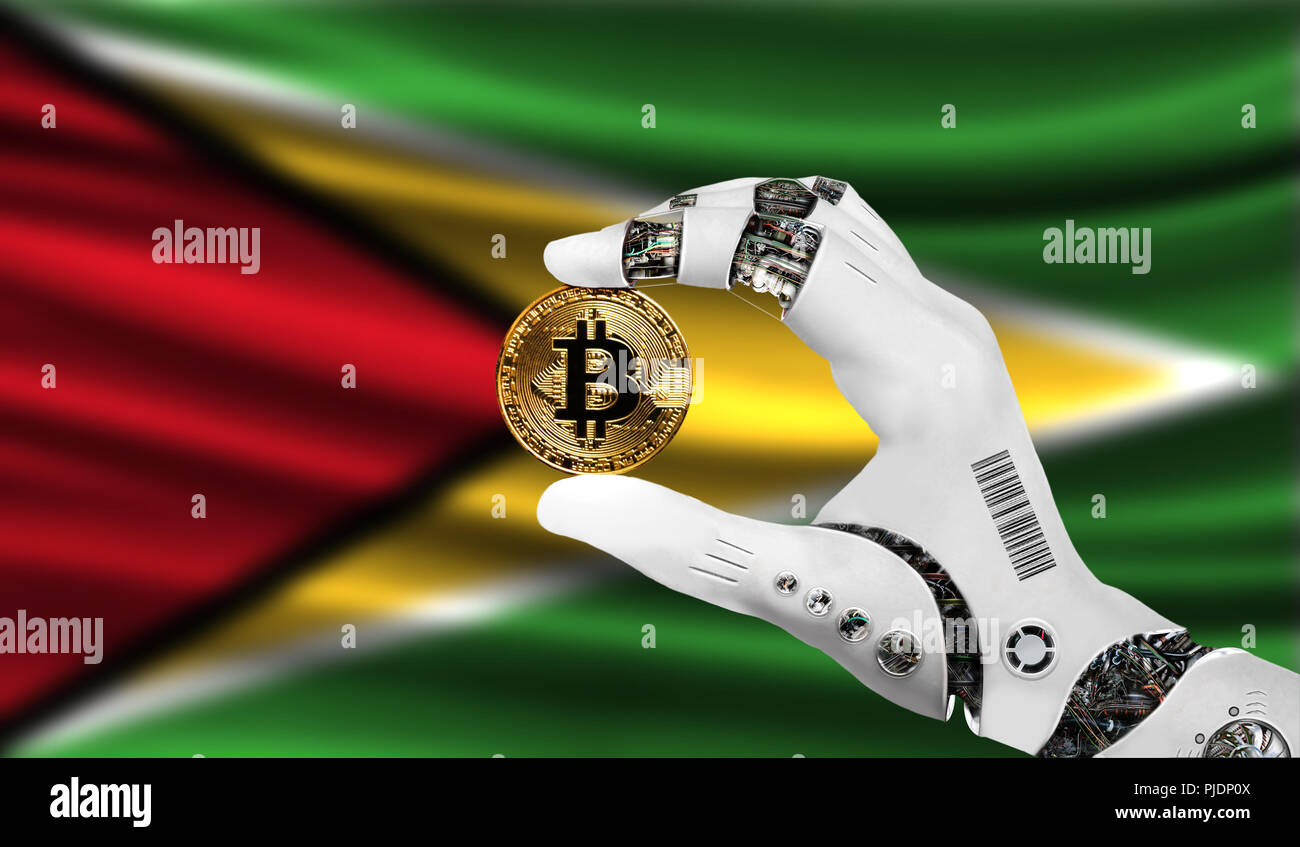 crypto currency bitcoin in the robot's hand, the concept of artificial intelligence, background ...