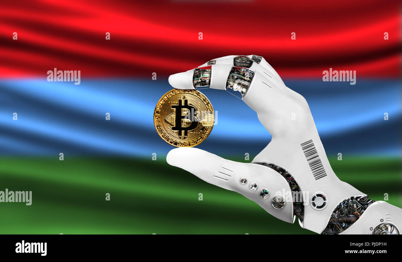 crypto currency bitcoin in the robot's hand, the concept of artificial ...