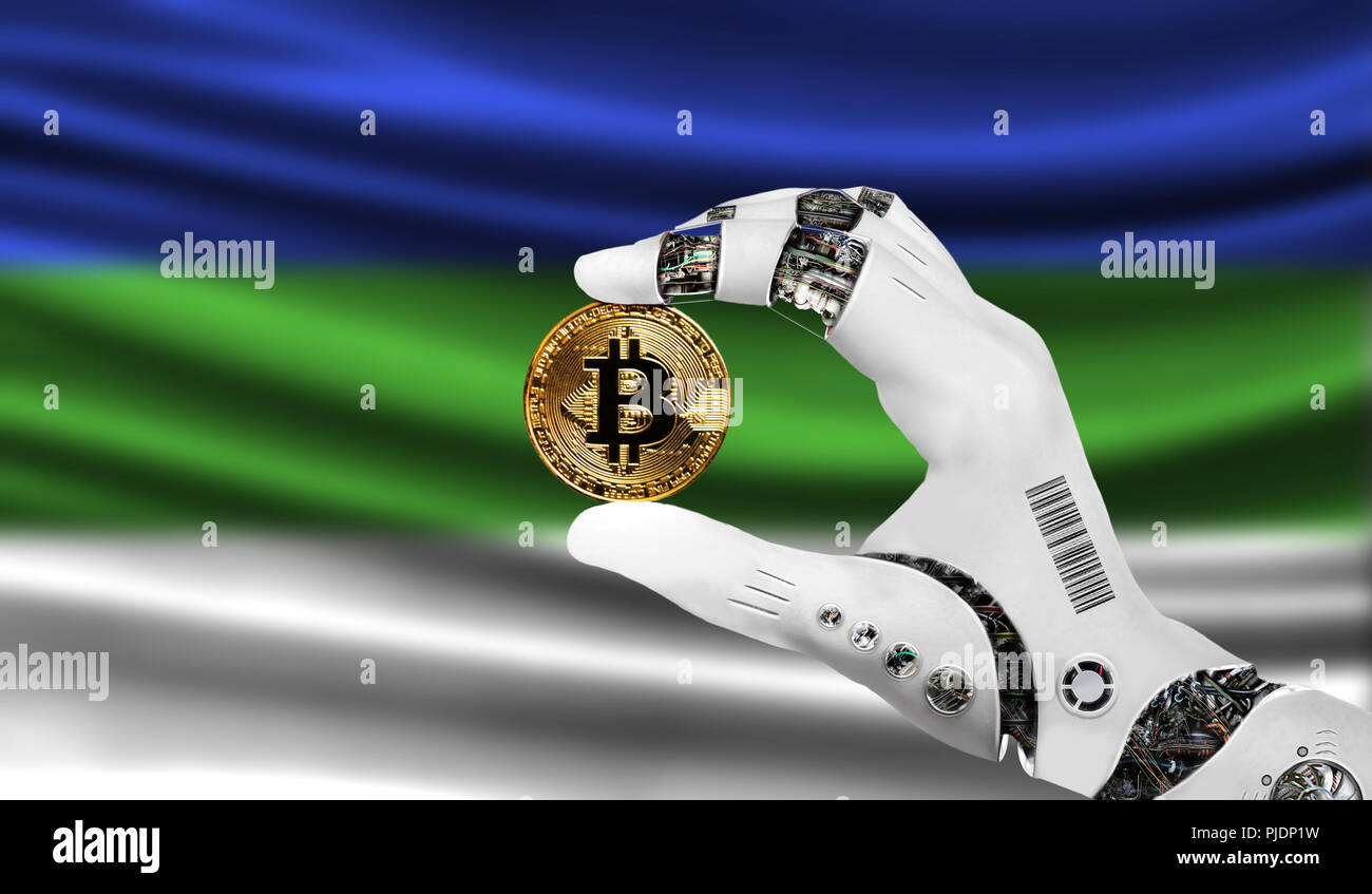 crypto currency bitcoin in the robot's hand, the concept of artificial ...