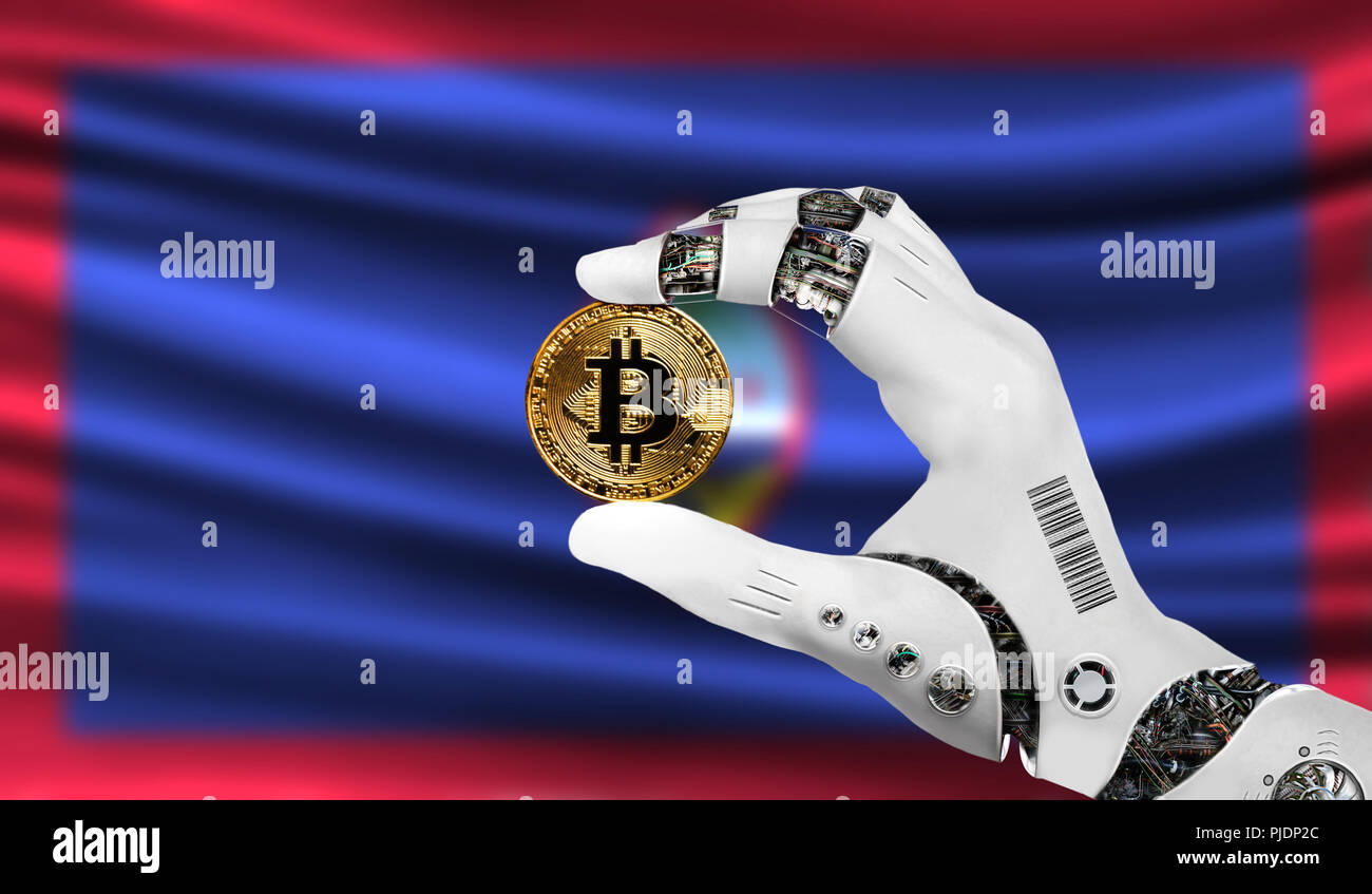 crypto currency bitcoin in the robot's hand, the concept of artificial ...