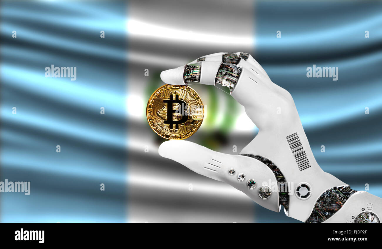 crypto currency bitcoin in the robot's hand, the concept of artificial intelligence, background ...