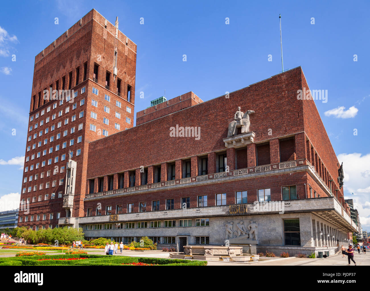 OSLO, NORWAY - JULY 12, 2018: The western wall of the Oslo City Hall ...