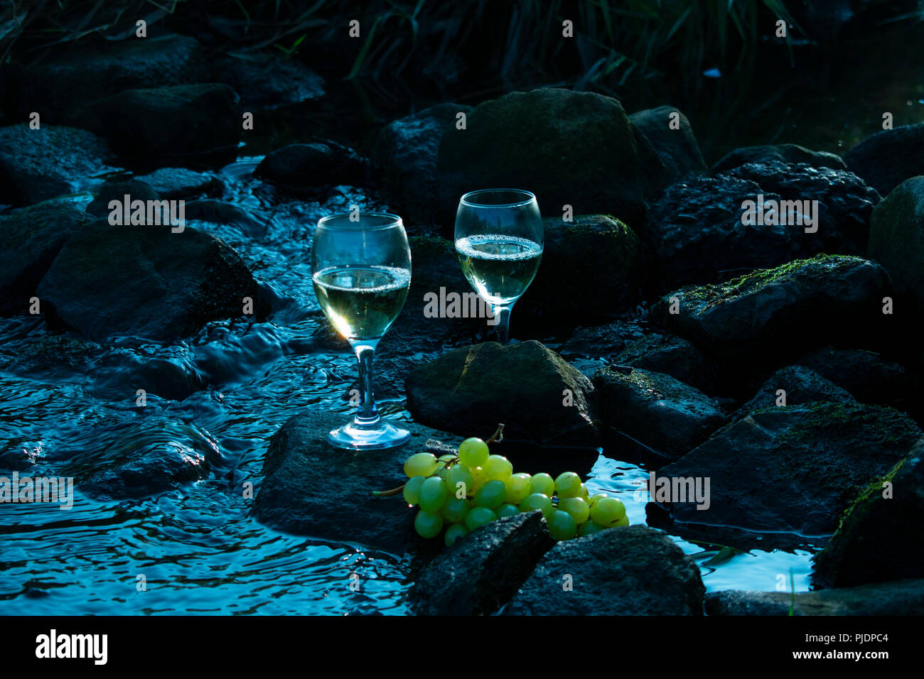 White wine and grapes Stones in the water. Colors in cool blue Stock ...