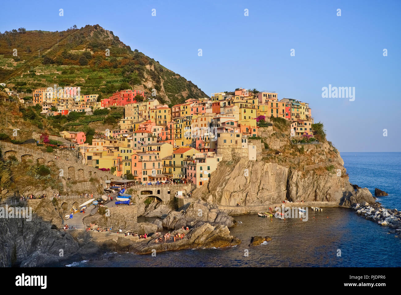 Italy, Liguria, Cinque Terre, Manarola, General vista of the town ...