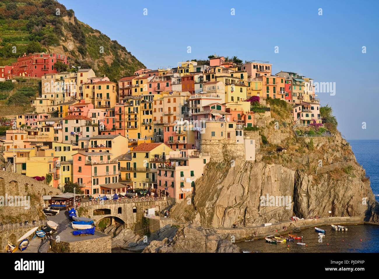 Italy, Liguria, Cinque Terre, Manarola, General vista of the town ...