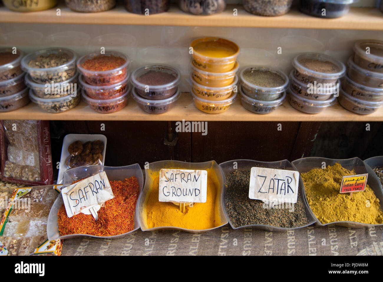 Close up of safran and zatar spices display in the market of Jerusalem ...