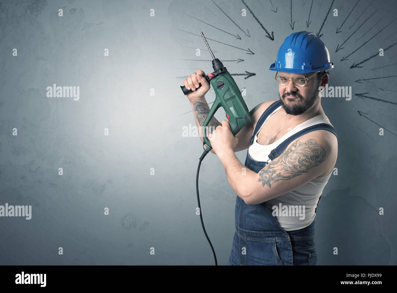Working man with tools in his hand and arrows above his head Stock ...