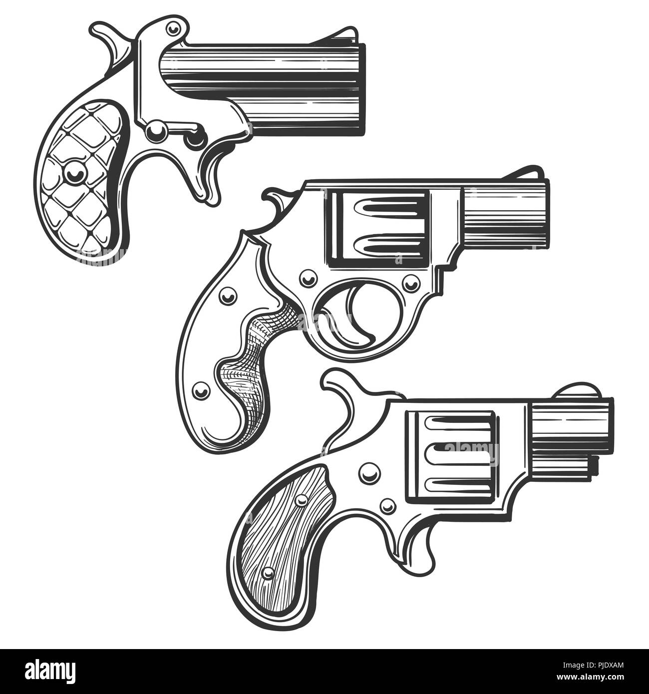 Set of retro pistols. Three pocket revolvers drawn in engraving style ...