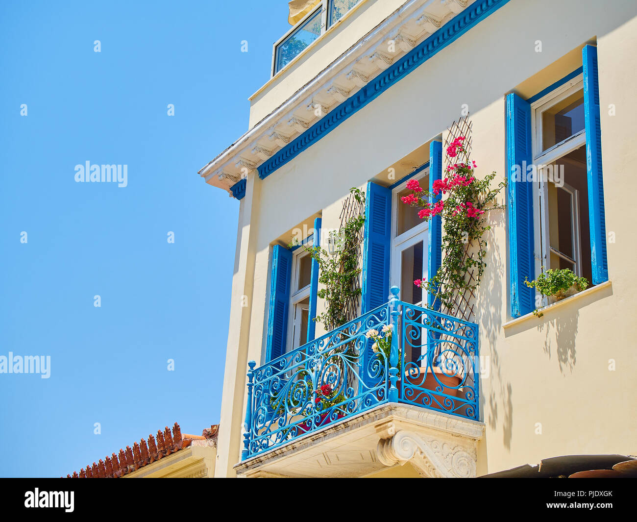 Typical blue balcony of a greek house. Greece Stock Photo - Alamy