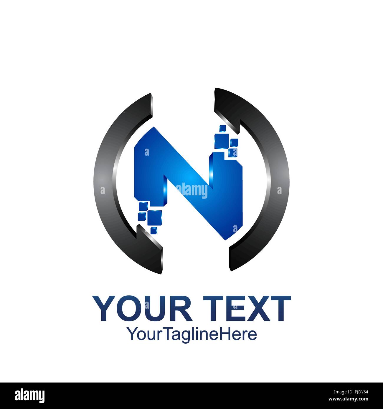 Initial letter N logo template colored dark grey blue pixel circle ...