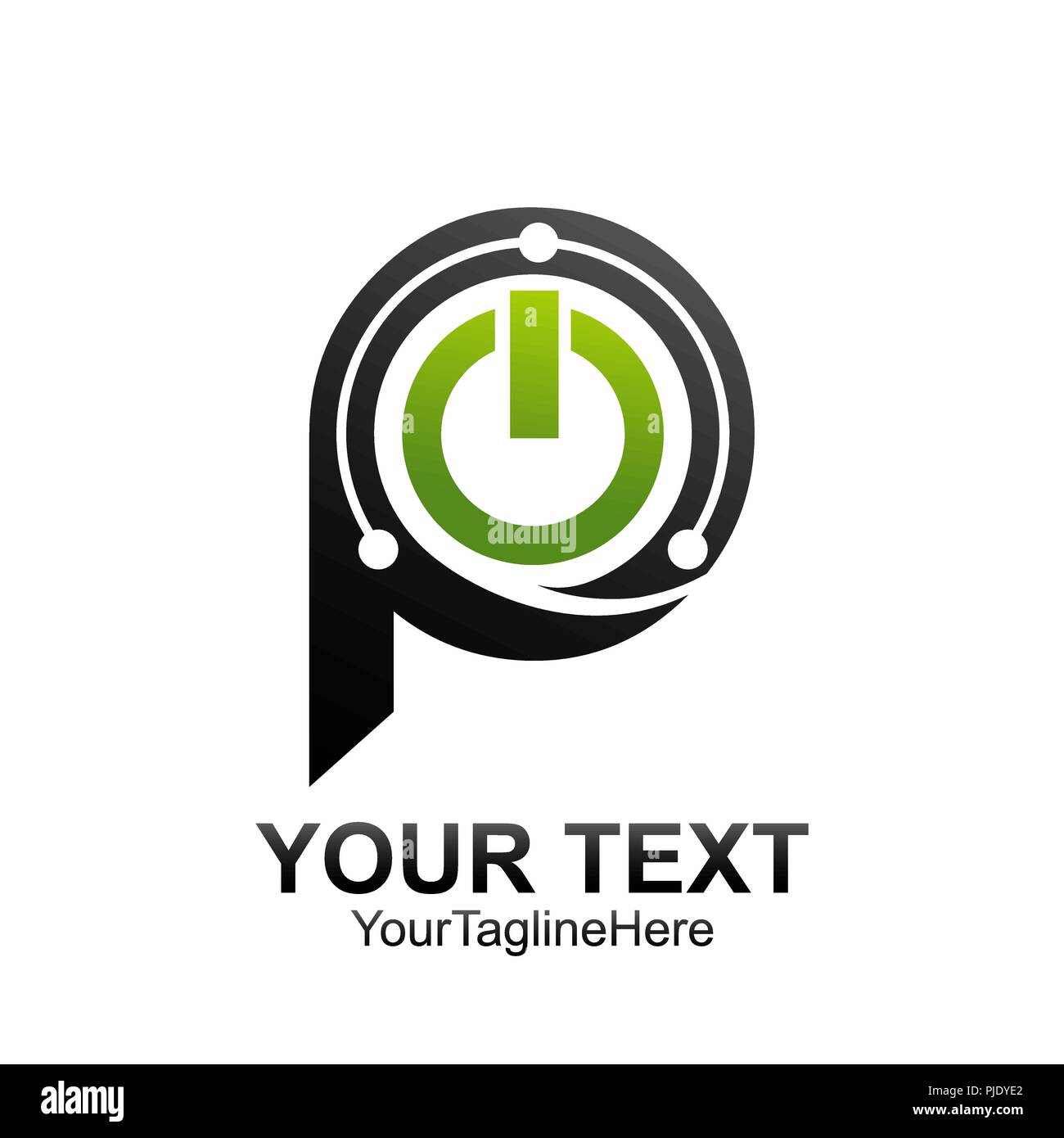 Initial letter P logo template colored black green power button design ...