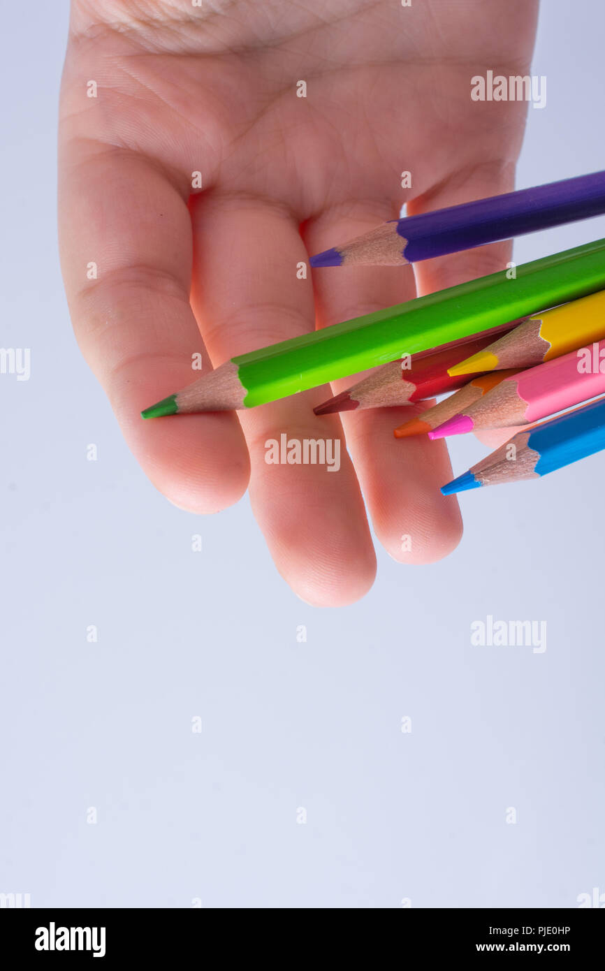 Hand holding color Pencils placed on a white background Stock Photo - Alamy