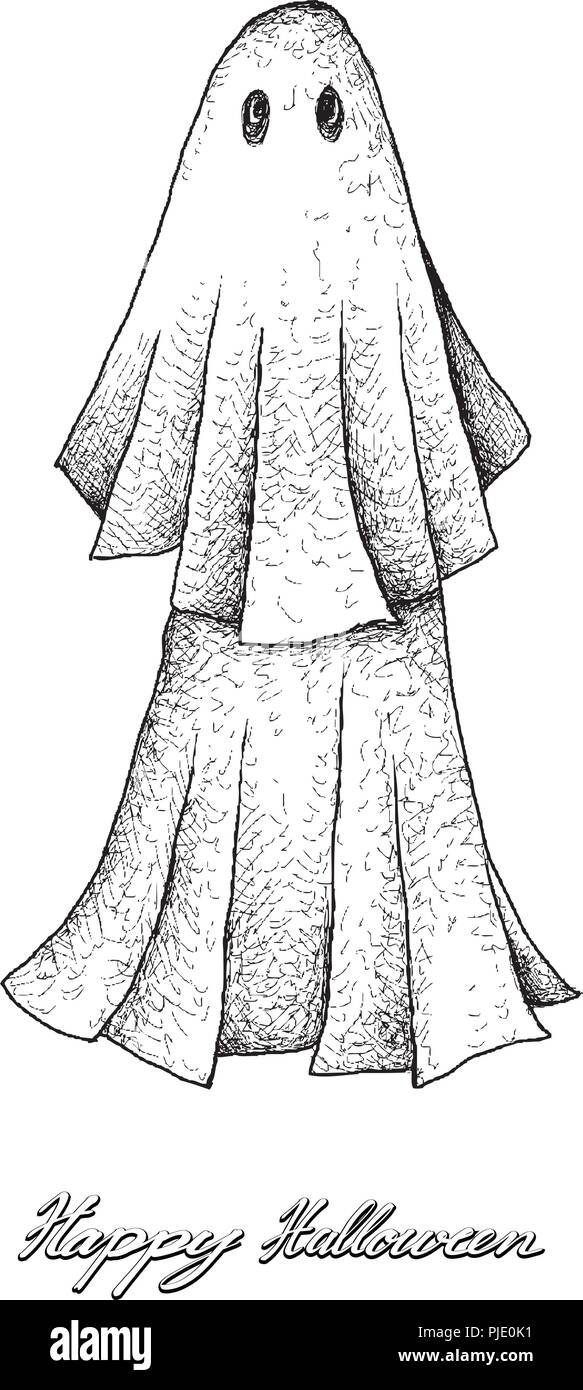 Holidays And Celebrations, Illustration Hand Drawn Sketch of Ghost ...