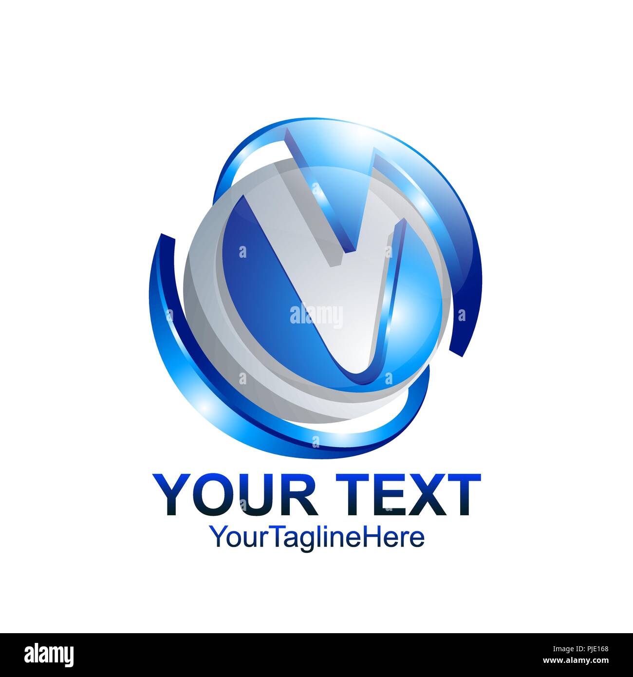 Letter V logo design template colored silver blue circle sphere design ...