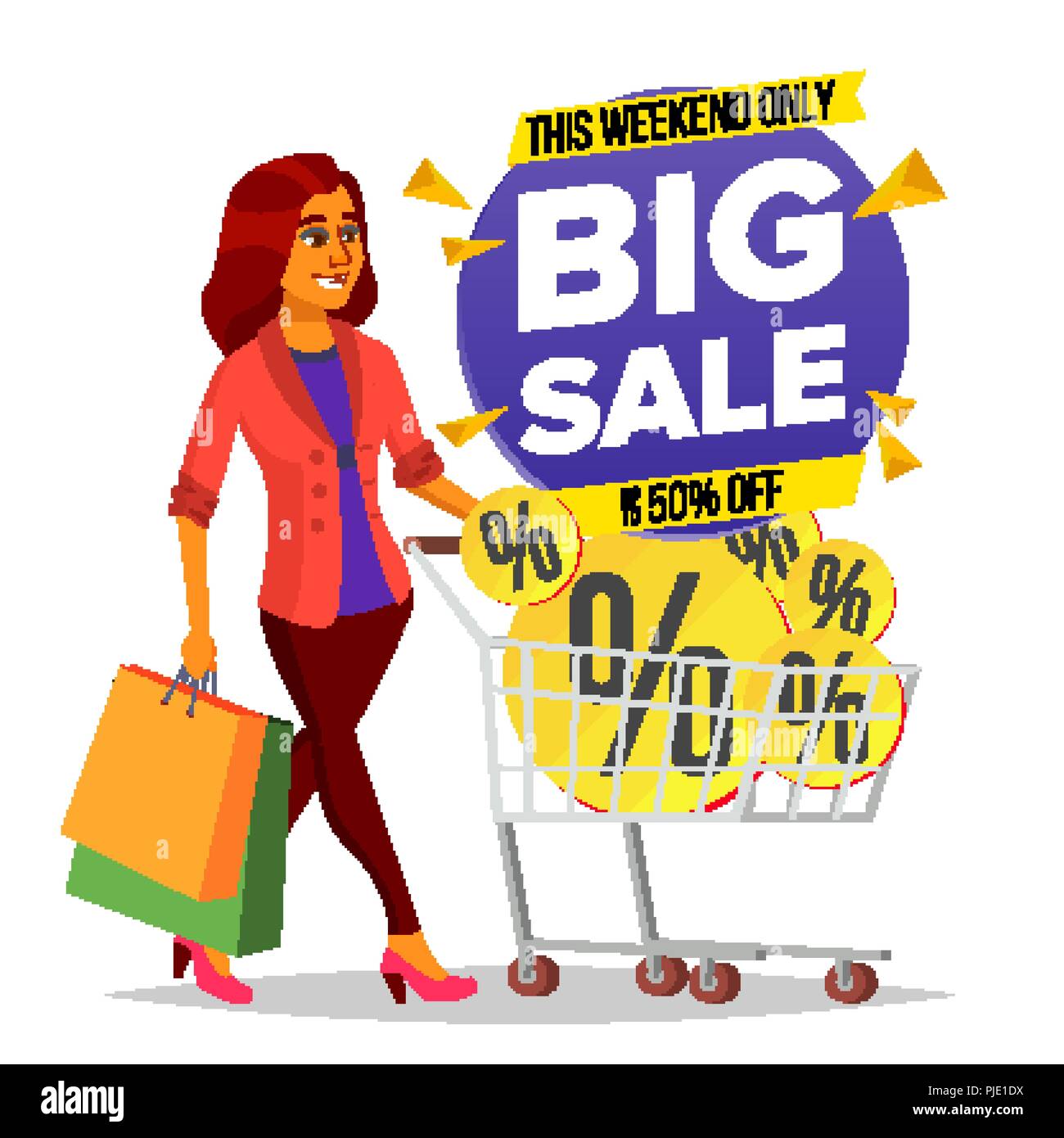 Shopping Woman Vector. Grocery Cart. Big Sale. Groceries In Shop ...