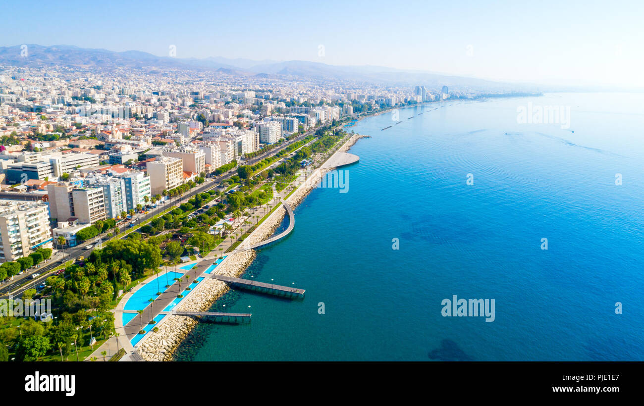 Aerial view of Molos Promenade park on the coast of Limassol city ...