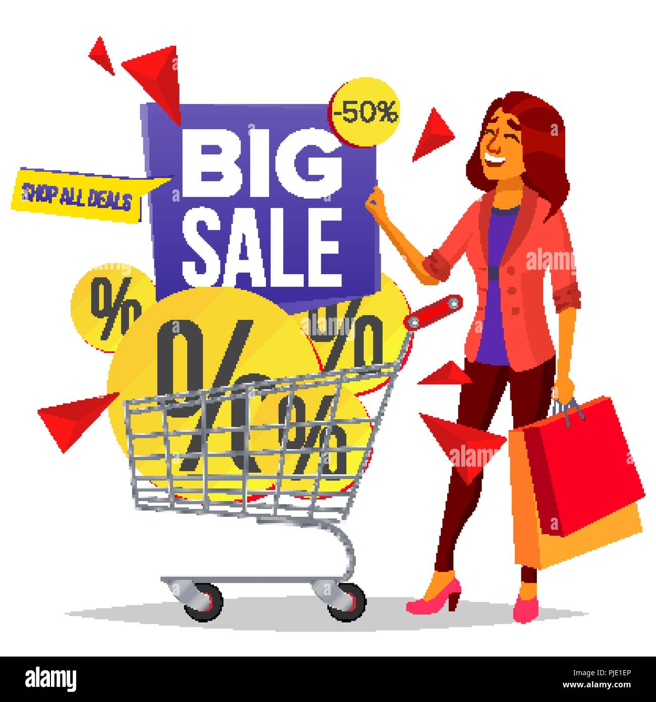 Shopping Woman Vector. Grocery Cart. Purchasing Concept. Smiling Girl ...