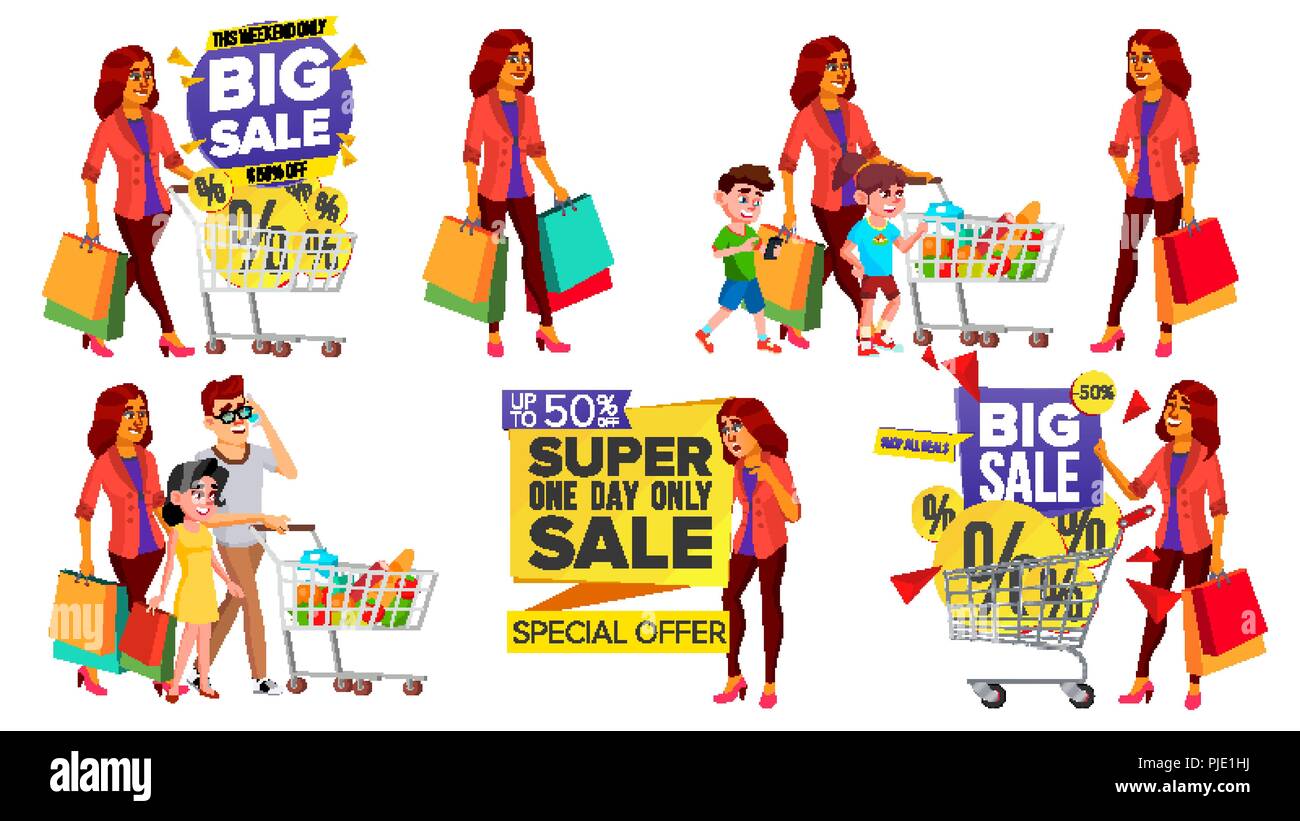 Shopping Woman Set Vector. People In Mall. Family, Children. Purchasing ...