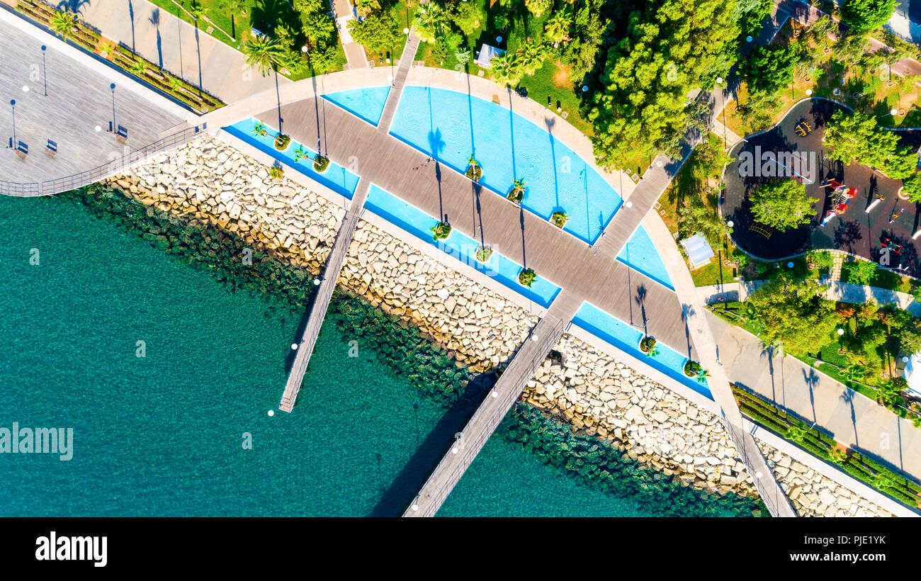 Aerial view of Molos Promenade park on the coast of Limassol city ...